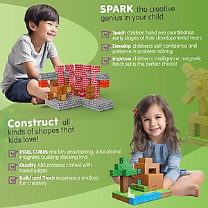 BrainSpark 100PCS Magnetic Pixel Cubes World Pack Edition Magnet Building Blocks STEM Montessori Stacking Toys for Toddlers Construction Toy Fidget Boys Girls Ages 3-9