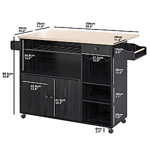 IRONCK Rolling Kitchen Island Cart with Drop-Leaf and Wine Rack, Microwave Rack Serving Cart on Wheels with Drawer & Shelves & Spice Rack & Cup Hanging, Black