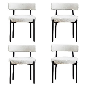 Locus Bono Boucle Dining Chairs Set of 4, Modern Upholstered Dining Room Chairs, Armless Kitchen Chair for Dining Room, Living Room, Black Metal Legs (4 PCS, White)