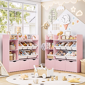 FACBOTALL Toy Storage Organizer with 3 Movable Drawers, Bookshelf and Bookcase with 6 Plastic Bins & 2 Storage Cubbies, Toy Chest with Hidden Wheels, Toy Storage Box for Playroom, School, Pink