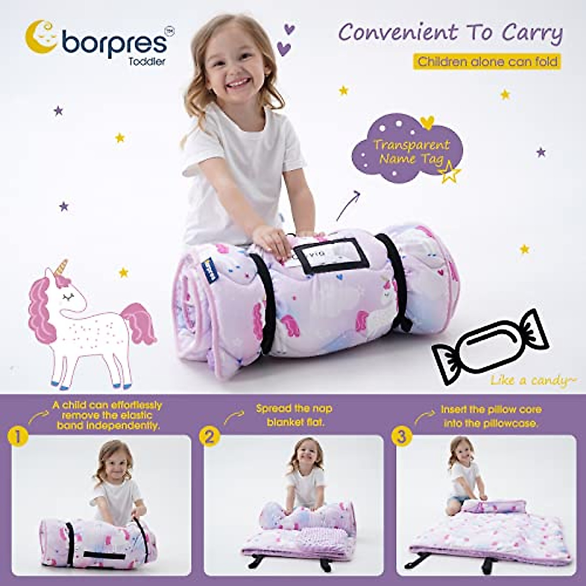 BORPRES Toddler Nap Mat-Nap Mats for Preschool Daycare Boys Girls,Kids Sleeping Mat with Removable Pillow and Blanket,Extra Thick Large Slumber Bag for Travel Camping,Unicorn.