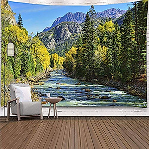 YISURE Nature Mountain Forest Tapestry, Scenic Green Pine Tree Waterfall Landscape Wall Hanging Tapestries for Home Office Dorm Indoor and Outdoor Decoration, 80(W) x60(L) Inch
