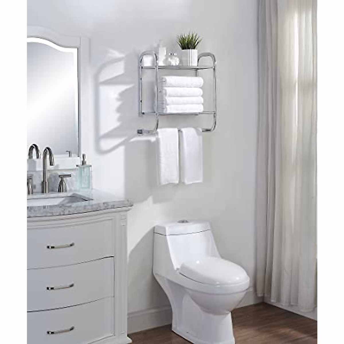 SunnyPoint Compact Wall Mount 2 Tier Bathroom Shelf with Towel Bars (Chrome)
