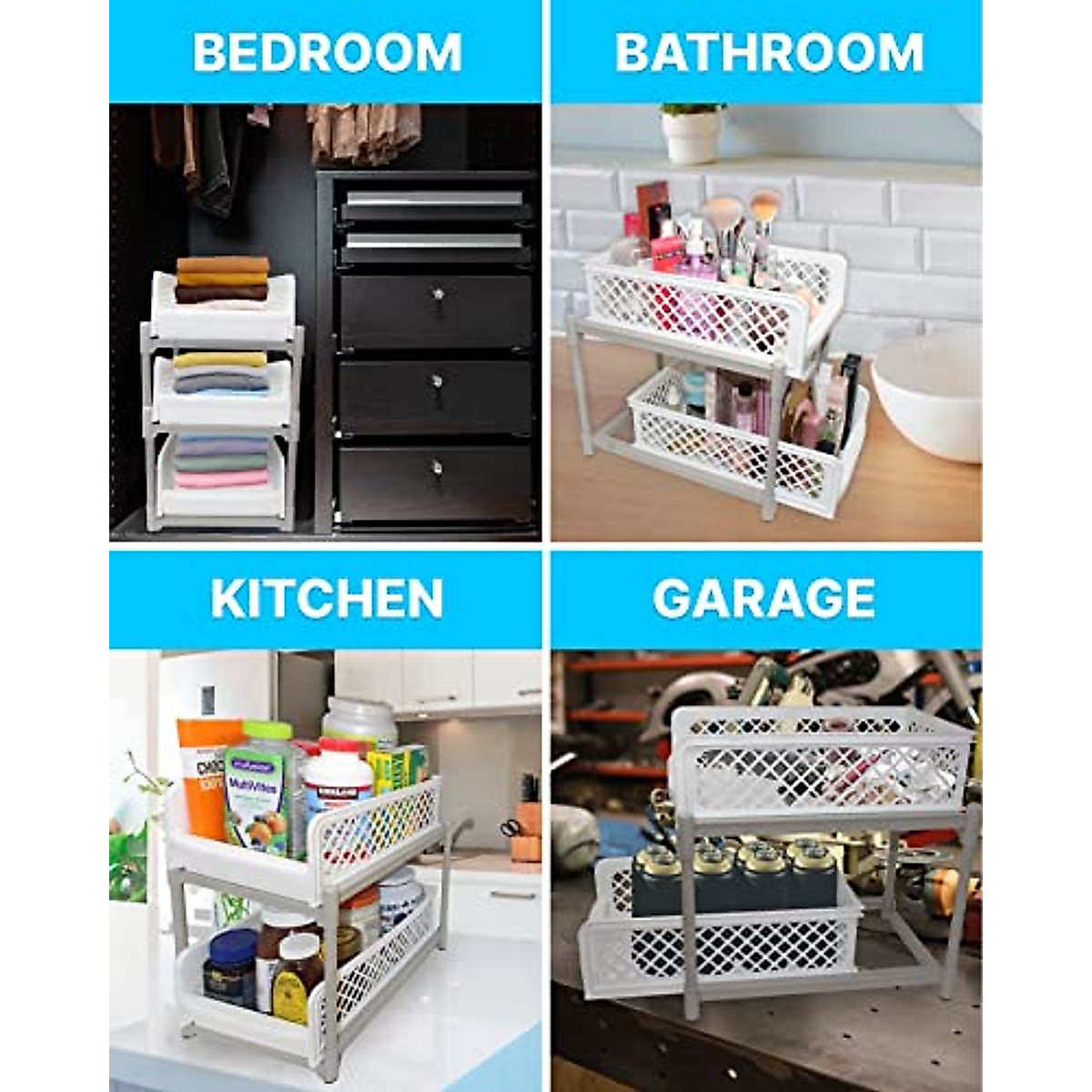 Skywin Plastic Sliding Organizers - 2 Tier Sliding Storage Bins - Pull out cabinet drawers for organizing pantry cabinets (White - 2 Pack)