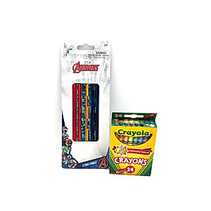 Disney Marvel Avengers 15" Backpack Bundle with 24pk Crayola Crayons and 6pk Avengers Pencil - Spider-Man Iron Man Thor Captain America Hulk - Blue/Black