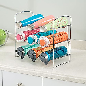 mDesign Metal Wire Free-Standing Water Bottle Rack - Storage Organizer for Kitchen Countertops, Pantry, Fridge - 3 Levels, Holds 9 Bottles - Chrome