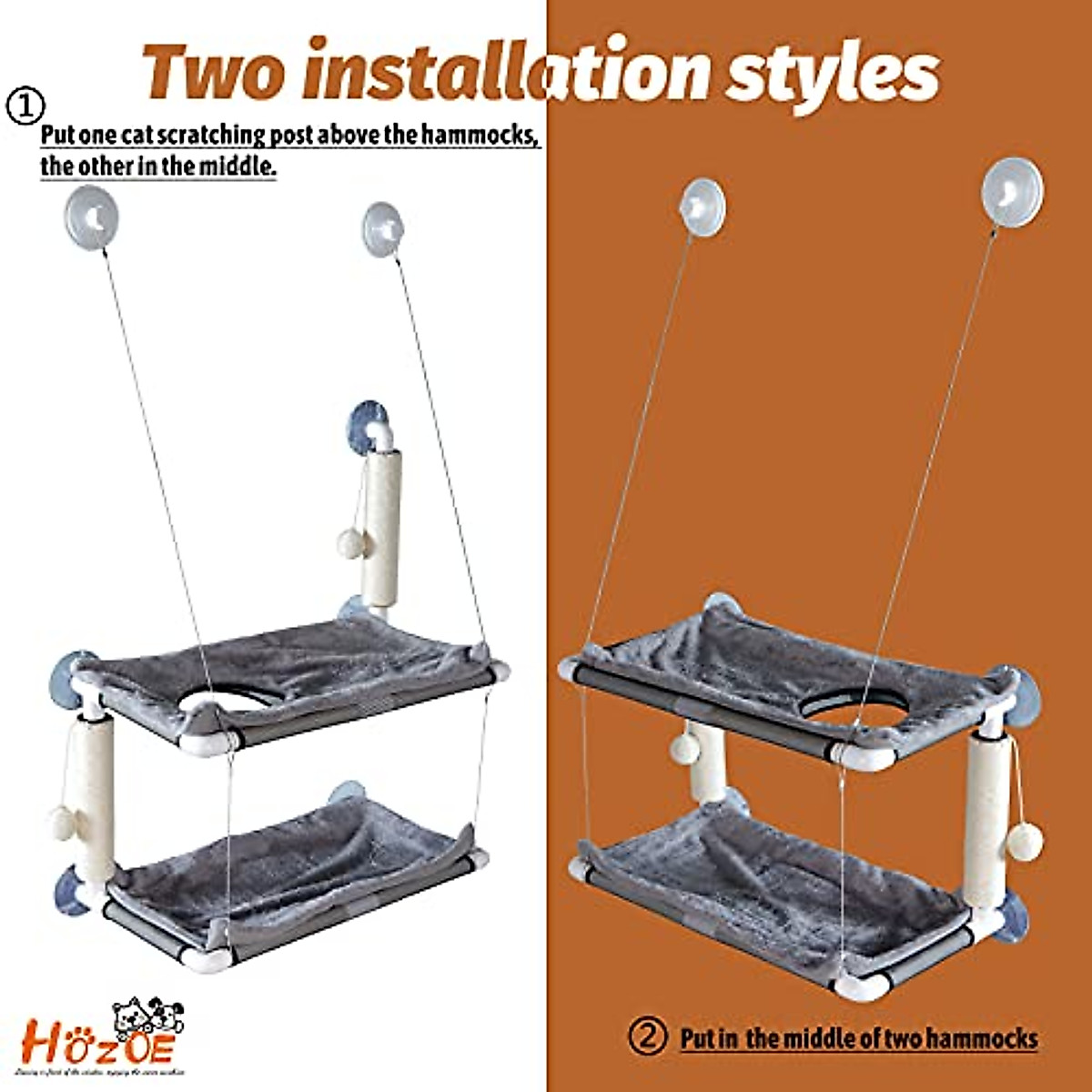 HOZOE Cat Window Perch, A Large Double-Layer Cat Hammock That Can Accommodate Multiple Cats at The Same Time, with Two Scratching Posts, Indoor Cat Ledge and Cat Bed Frame, Which Can Bear 50 Pounds…