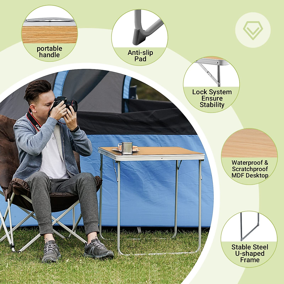 FUNDANGO Lumbar Back Padded Oversized Folding Camping Chairs with Portable Folding Camping Table with Handle for Outdoor Picnic Garden