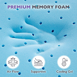 SINWEEK Dual Layer 4 Inch Memory Foam Mattress Topper King Size, 2 Inch Cooling Gel Memory Foam Plus 2 Inch Extra Thick Pillowtop Cover, Pressure Relief Soft Mattress Pad,Blue