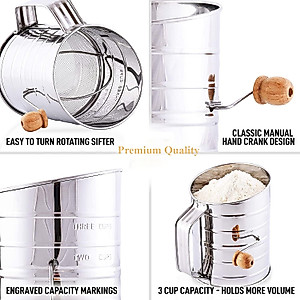 Zemensha Stainless Steel 3 Cups Flour Sifter for baking | Rotary Hand Crank Powdered sugar shaker and flour duster|