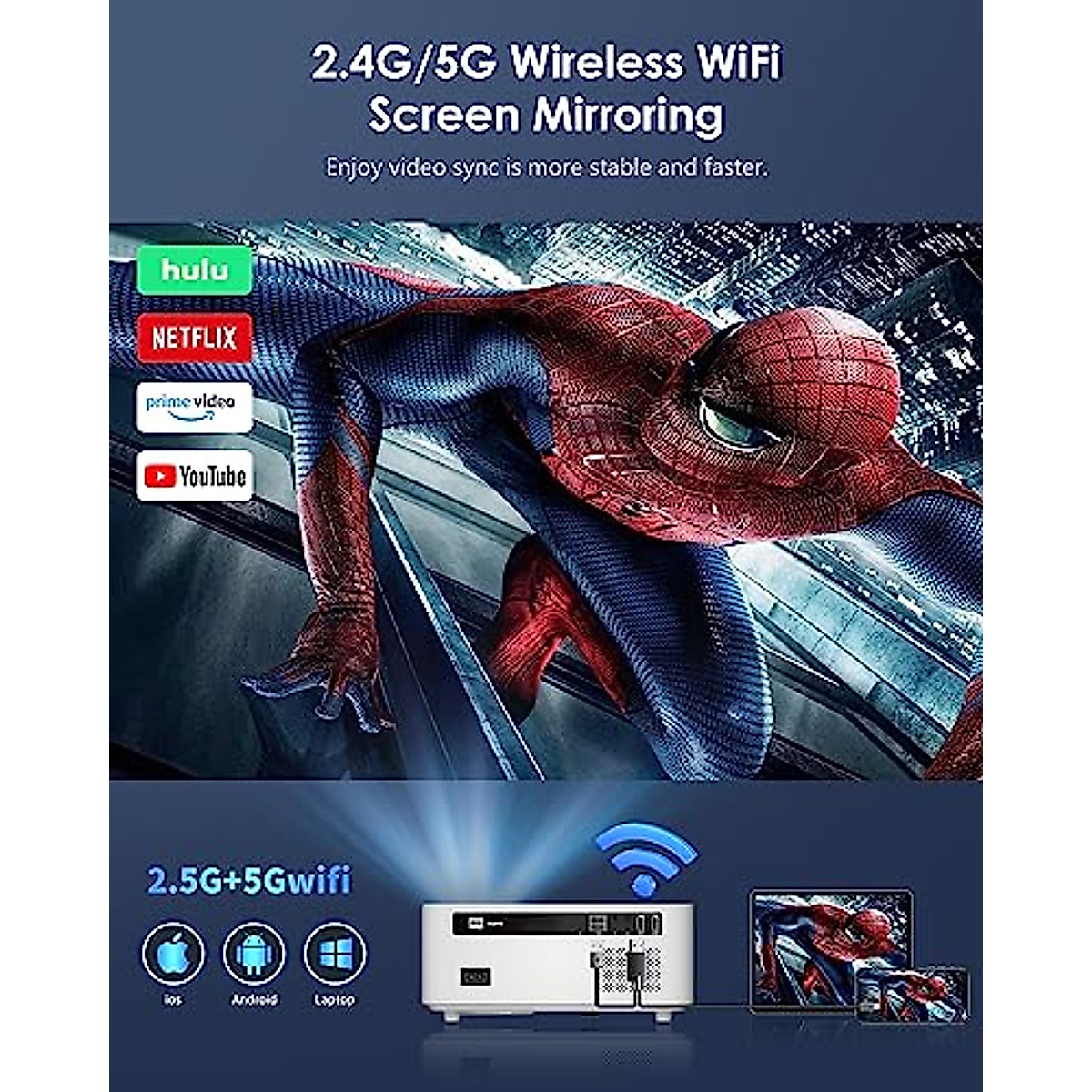 Native 1080P 5G 4K Projector with WiFi and Bluetooth, FunFlix 20000L High-bright Projector, 4P/4D Keystone/Zoom,300" Display, Movie Outdoor Indoor Projector for HDMI, USB, Phone, Laptop, TV Stick