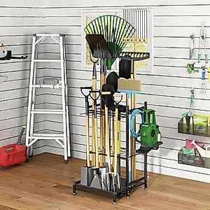 Heavy-Duty Tool Organizer Rack - Spacious Storage for Long-Handled Gardening Tools, Hooks, and Accessories - Durable Metal Construction, Sturdy, Black, Ideal for Garage and Utility Storage