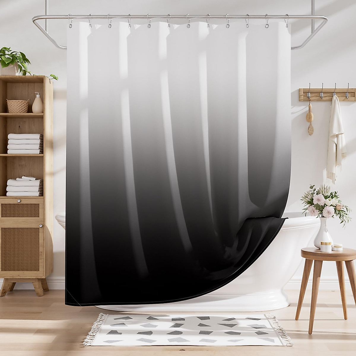 AmazerBath Fabric Shower Curtain Set, Ombre Black Shower Curtain with 12 Shower Curtain Hooks, Rustic Cloth Black and White Shower Curtain, Cute Washable Bathroom Shower Curtain Sets, 72x72 Inches