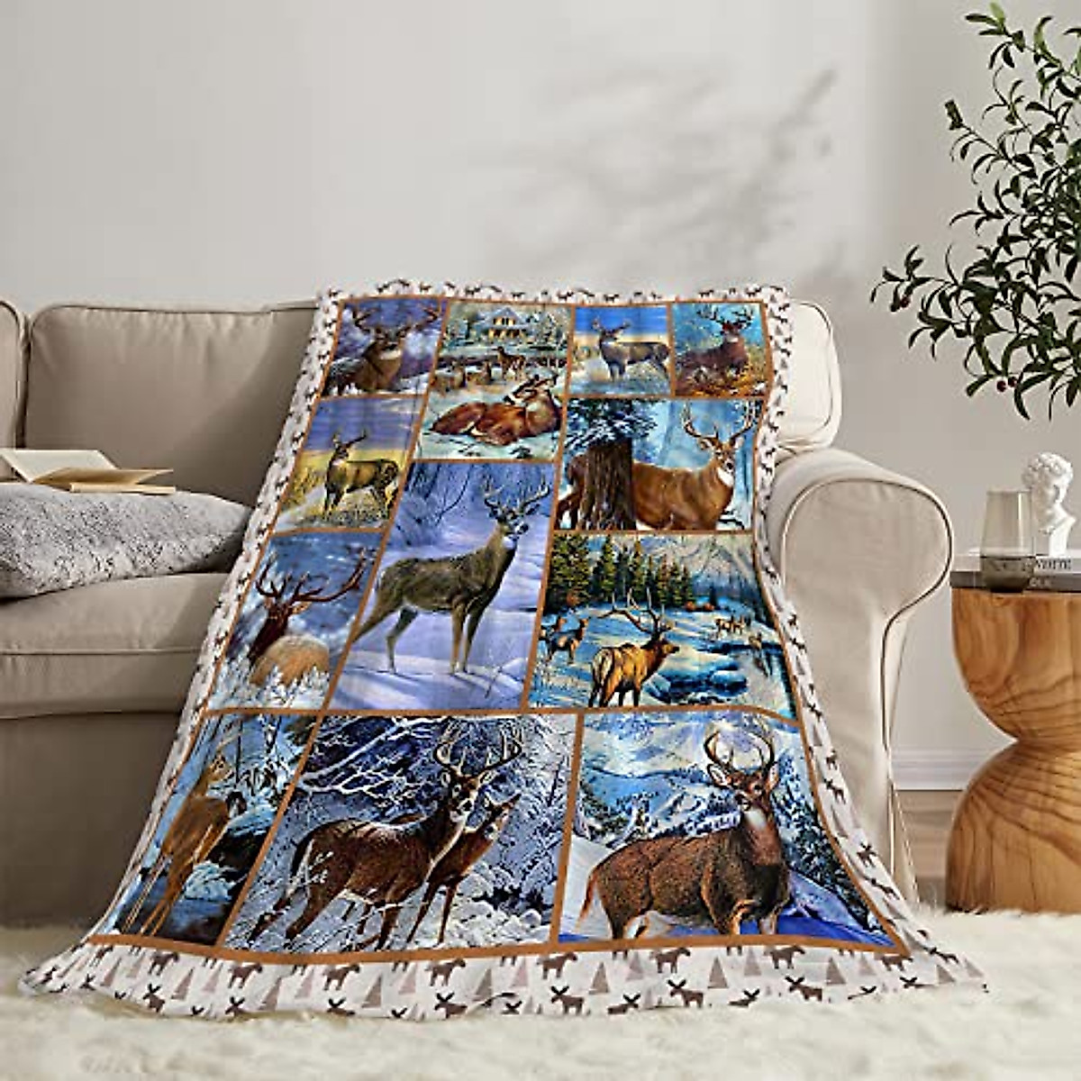 Deer Blanket Super Soft Cozy Forest Snow Elk Fleece Throw Blanket Warm Fuzzy Plush Deer Wildlife Blanket Gifts for Women Kids 50"X60"