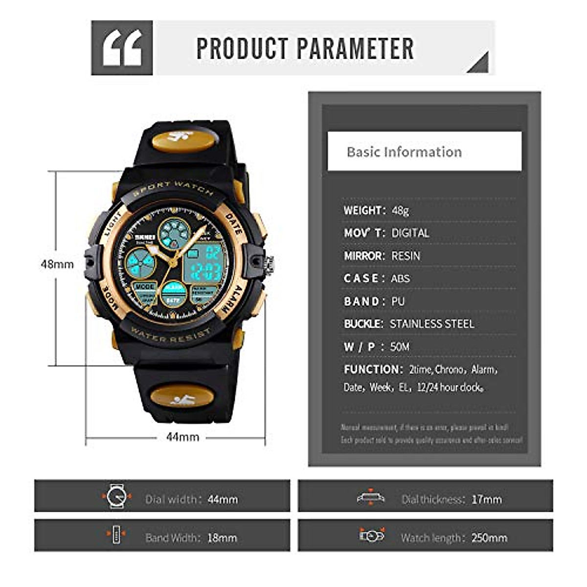 Kids Waterproof Watch Boys Girls with alarm, Digital Sports Waterproof Watch for Kids Birthday Presents Gold Gifts Age 5-16 Boys Girls Children Young Teen Outdoor Electronic Watches Alarm Stopwatch