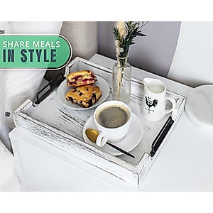 Rustic Wooden Serving Trays with Handle - Set of 2 - Large and Small Nesting Multipurpose Trays - for Breakfast, Coffee Table/Butler & More - Rustic White