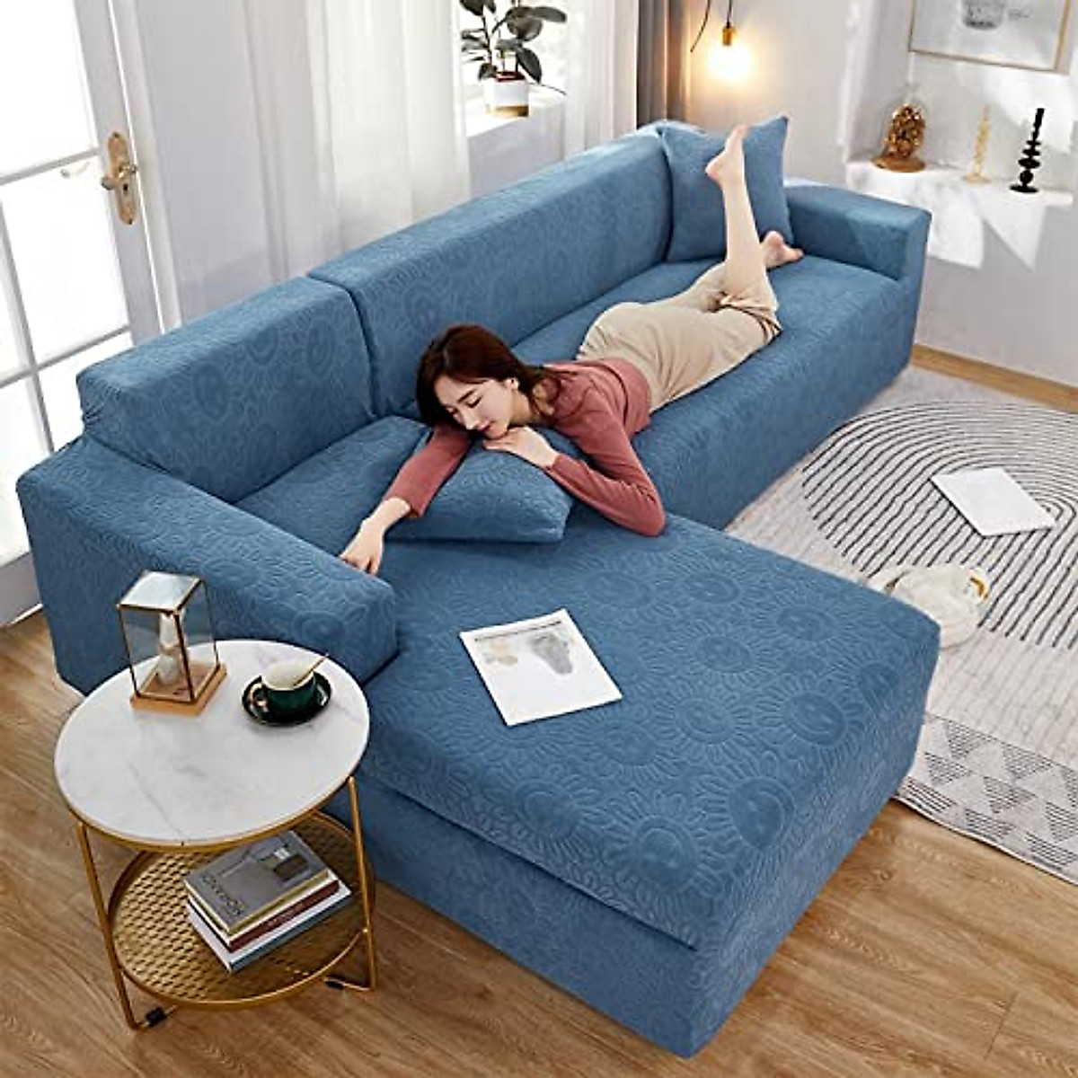 OQOPO Stretch Sectional Sofa Cover Thick 1 2 3 4 5 Seater Sofa Cover Set,Pet Sofa Covers for L Shaped Furniture,Couch Covers for Dogs Recliner Sofas,Blue a,4 Seater+4 Seater