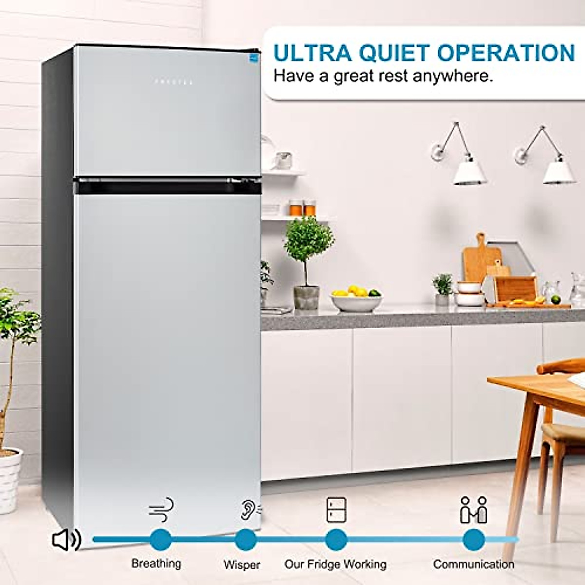 Frestec 7.4 CU' Refrigerator with Freezer, Apartment Size Refrigerator Top Freezer,2 Door Fridge with Adjustable Thermostat Control,Freestanding, Silver (FR 742 SL)
