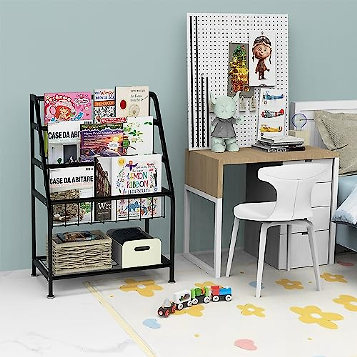 Azheruol Kids Bookshelf Freestanding for Children Room 25 Inches Black Metal Bookcase Large Capacity Books Toys Organizer Stable 5 Tiers Kids Book Rack for Playroom Bookstore Library.