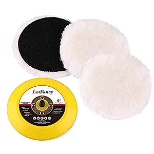 LotFancy 6 Inch Wool Polishing Pads and Backing Pad Kit, Pack of 4 - Car Auto Hook and Loop Buffing Pads, for Rotary and Random Orbit Sander/Polisher