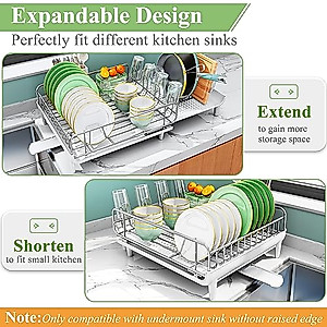 Dish Drying Rack, Expandable Dish Racks for Kitchen Counter with Versatile Pot Pan Rack, Large Stainless Steel Dish Drainers with Utensil Holder, White