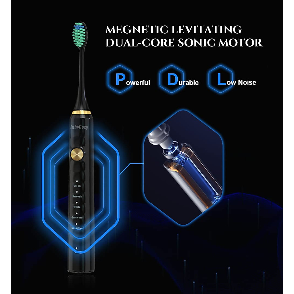 IntoCozy Sonic Electric Toothbrush Whitening Toothbrush with 2 Indicator Brush Heads for Adults and Teenagers, Wireless Charging, 5 Modes with Smart Timer, IPX7 Waterproof(Black)