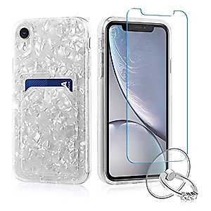 ZIYE Designed for iPhone XR Case with Card Holder for Women Girls Shell Pattern TPU Protective Phone Bumper ID Card Wallet Pocket with Screen Protector Ring Holder White