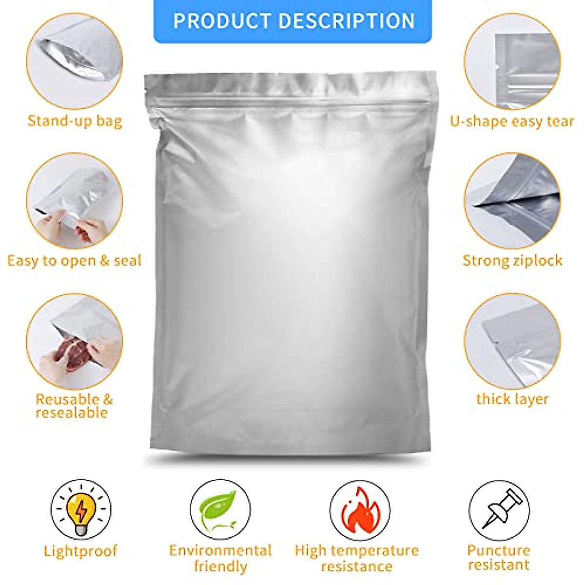 100 Packs Reusable Mylar Bags with Oxygen Absorber 1 Gallon( 9.44 Mil,10"x14" 6"x9" 4.3"x6.3" ) Mylar Bags for food storage for Grains, Wheat, Rice, Legumes, Meat Long Term Food Storage Home Organization