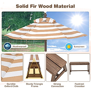 HONEY JOY Kids Picnic Table, Outdoor Wooden Table & Bench Set w/Removable Cushions and Umbrella, Stripe Fabric, Children Backyard Furniture for Patio Garden, Gift for Toddler Boys Girls Age 3+(Coffee)