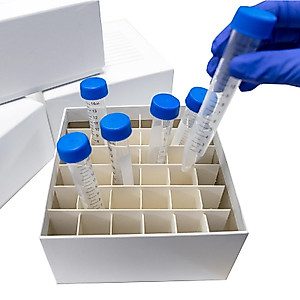 CryoKING 36-Well Lab Freezer Box with Lid, Cryo Storage Box for 15ml Centrifuge Tubes, Cardboard Freezer Lab Box, White, 5 Pcs/Pack