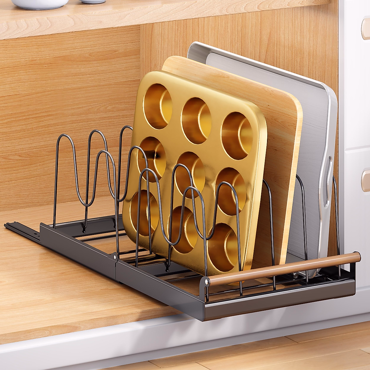 Pull out Cabinet Organizer, Cookie Sheet Organizer for Cabinet, Cutting Board, Bakeware, Sliding Pot Lid Organizer for Cabinet with Adjustable Wire Dividers, Slide out Kitchen Cabinet Organizer