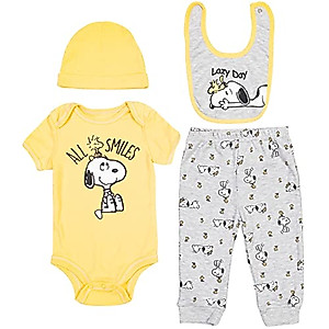 PEANUTS Woodstock Snoopy Infant Baby Boys Cuddly Short Sleeve Bodysuit Jogger Pants Bib and Hat 4 Piece Outfit Set Yellow 18 Months