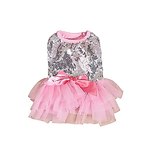 QWINEE Bling Dog Dress Bow Decor Mesh Puppy Tutu Skirts Cute Princess Dog Cat Dress Pet Summer Holiday Birthday Dress for Small Medium Cats Dogs Kitten for Summer Pink B M