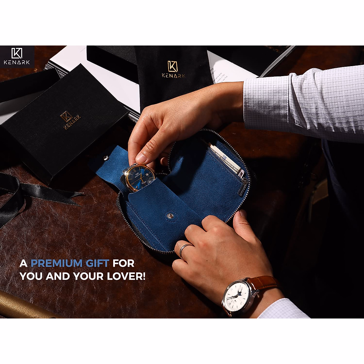 KENARK Luxury KW6M PLUS Watch Case Travel Watch Case for 3 Watches - Watch Roll for Anti-scratching - Luxury Watch Box - Watch Storage Roll (Blue Pouch)