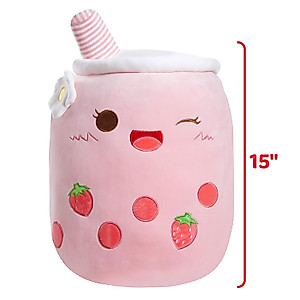 Athoinsu Light Up Strawberry Milky Tea Plush Pillow 15'' Kawaii Stuffed Bubble Animal Toy with LED Lights Birthday Christmas Holiday Valentines Gifts for Kids,Girls,Boys