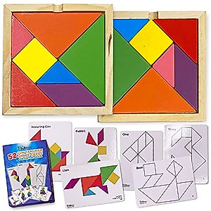 3 Bees & Me 2 Wooden Tangram Shapes Puzzle Toys with 52 Pattern Cards for Kids and Adults - Montessori Wood Toy, STEM Shape Puzzles Manipulatives Games, Educational Tangrams, Brain Logic Blocks