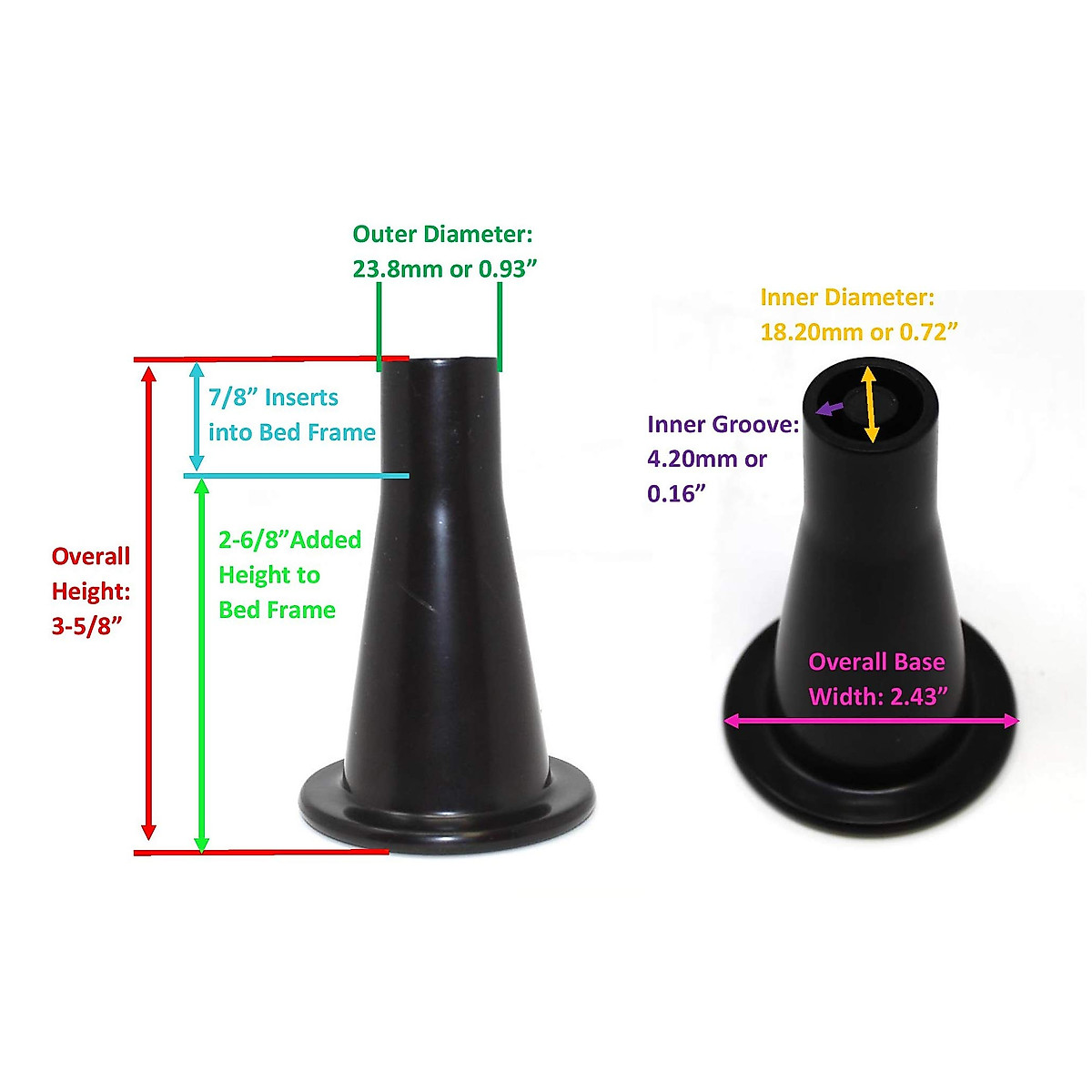 JSP Manufacturing Black Plastic 3-5/8” Bed Frame Feet/Glide Leg | Tall Cone Shaped Replacement Legs (4)