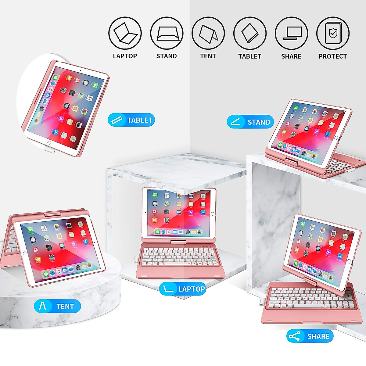 BABG iPad Keyboard Case for iPad 6th Gen 2018, iPad 5th Gen 2017, iPad Pro 9.7, iPad Air 2, iPad Air 1, 360 Screen Rotation 7 Colors Backlight iPad Case with Keyboard - Rose Gold