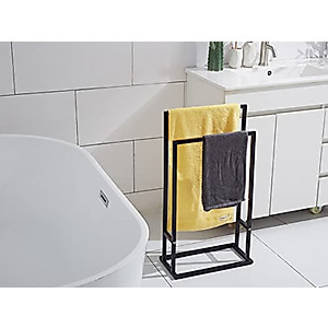Free Standing Towel Rack, 2 Tier Stainless Steel Black Towel Racks for Bathroom, Hand Towel Drying Rack Stand Holder for Outdoor, Blanket Rack, ALHAKIN