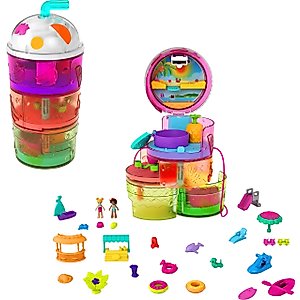 Polly Pocket 2-in-1 Travel Toy Playset, Spin 'N Surprise Smoothie with Micro Polly & Lila Dolls, Plus 25 Accessories