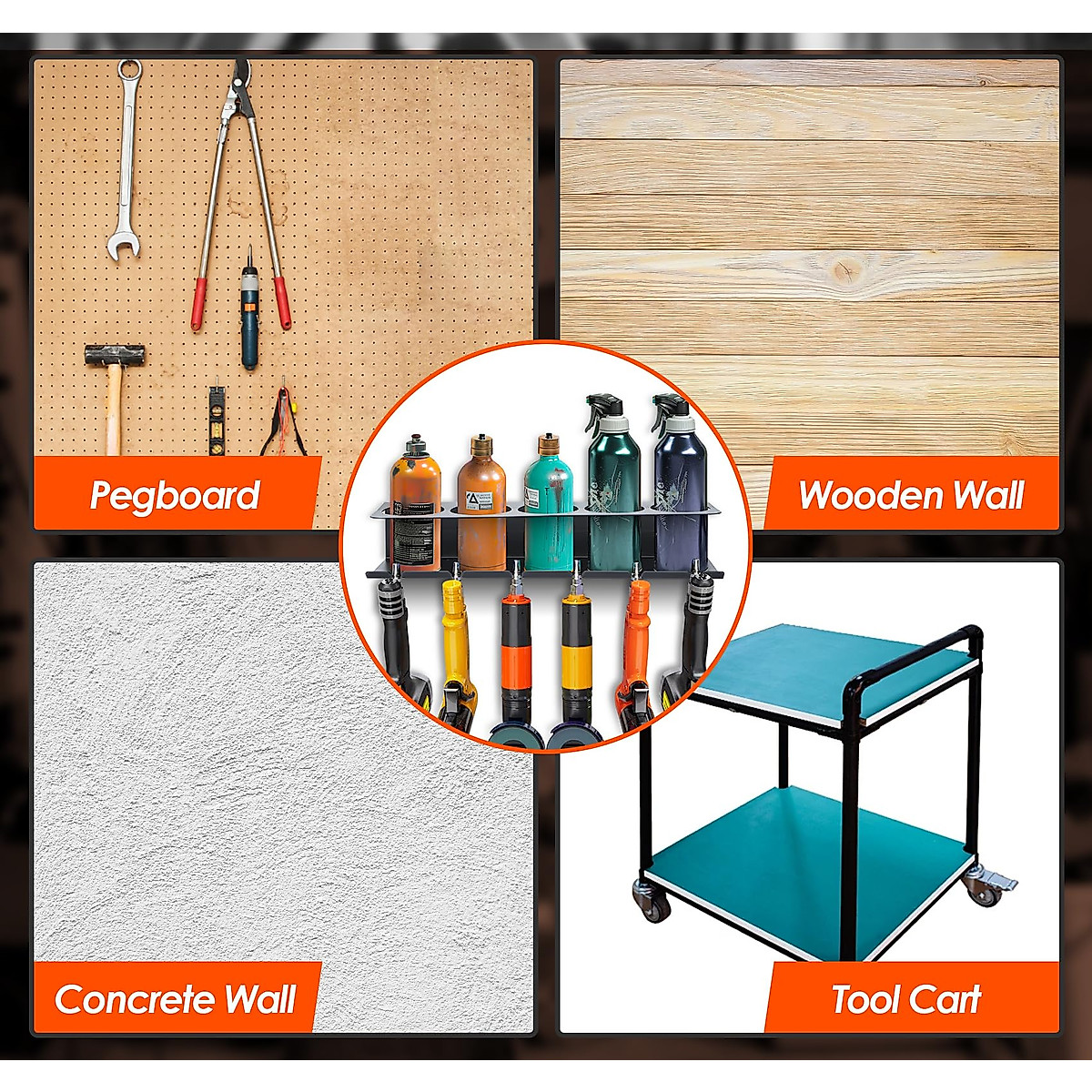 Nisorpa 2 Pack Pneumatic Tool Holder and Aerosol Rack Combo, Wall Mounted Metal Spray Can Bottle Holder Air Tool Organizer Rack for Garages, Workspace and Home, 5 Cans and 6 Slots