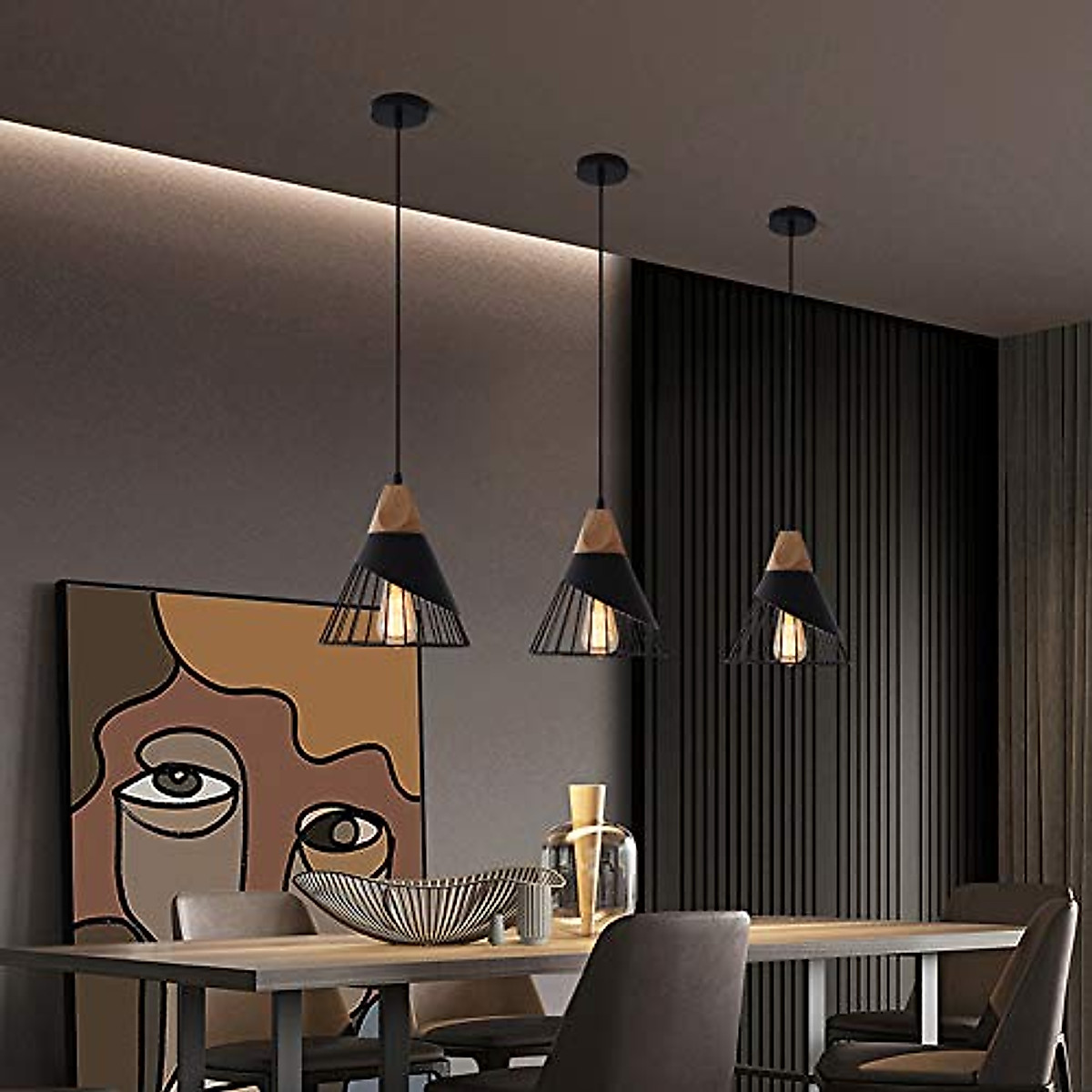Mxsaoud Modern Black Pendant Light Over Kitchen Island, Adjustable Wood Hanging Light Fixture,Industrial Pendant Lighting for Dining Room,Living Room,Bedroom,Hallway,kitchen,Bar