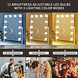 Kotdning Large Vanity Mirror with Lights, Hollywood Lighted Makeup Mirror with 12 Dimmable LED Bulbs for Dressing Room & Bedroom, Detachable 10x Magnification 360°Ratation
