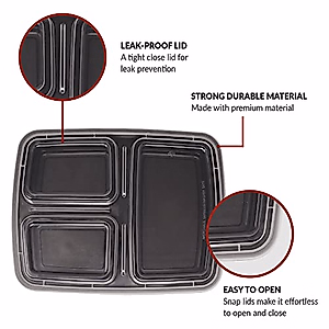 Reli. Meal Prep Containers, 32 oz. | 40 Pack | 3 Compartment Food Container w/Lids| Microwavable Food Storage Containers/To Go | Black Reusable Bento Box/Lunch Box Containers for Food/Meal Prep