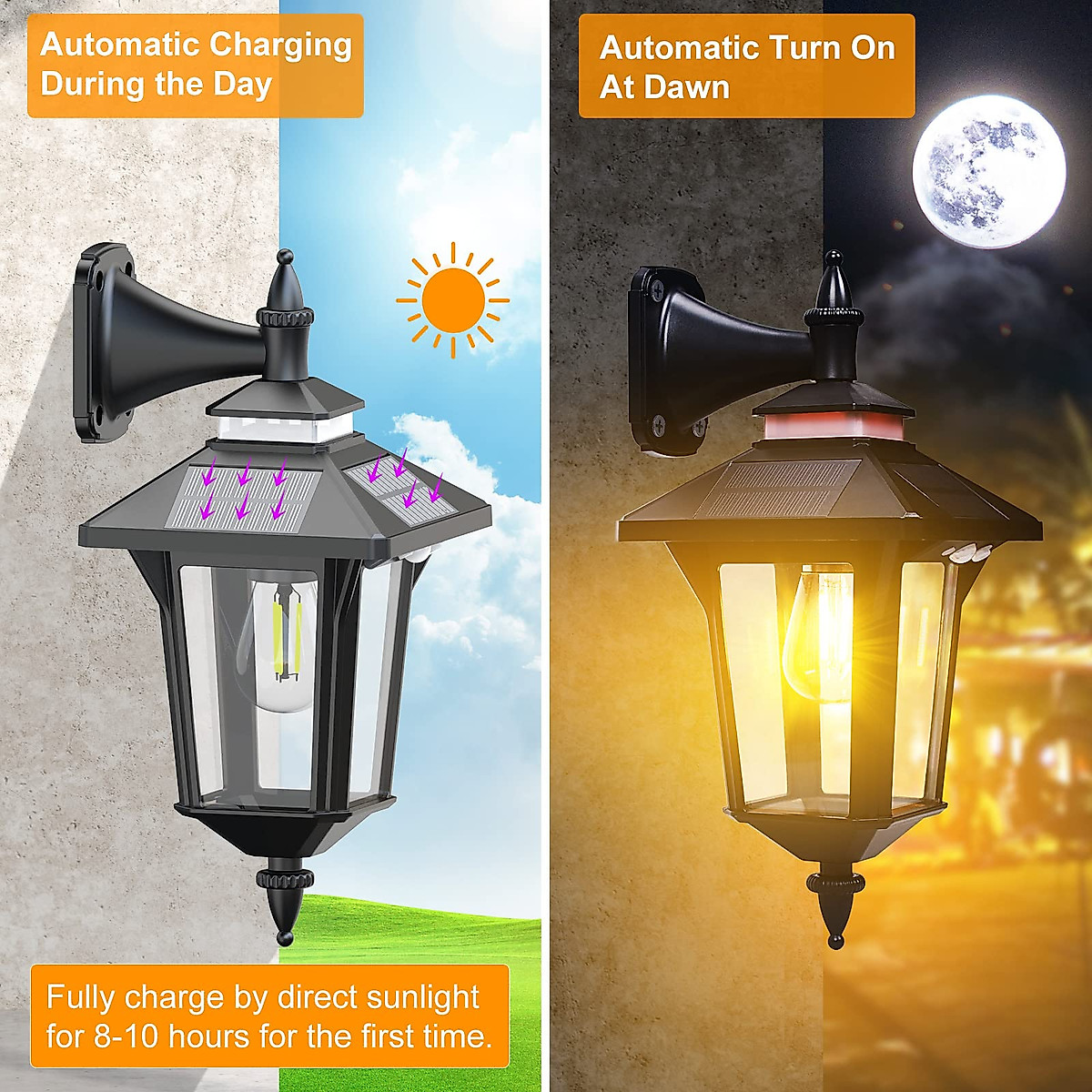 Kuniwa Motion Sensor Solar Wall Lights Outdoor with 3 Lighting Modes, Dusk to Dawn LED Wall Lantern Porch Sconce Waterproof Exterior for Barn Patio Garage Garden Farmhouse Door, 2 Types of Wall Mount