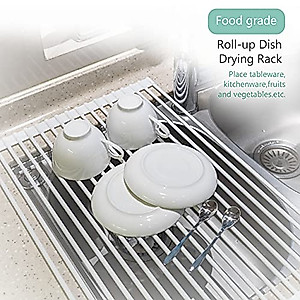 Multipurpose Roll Up Dish Drying Rack White Dish Drying Mat with Rack for Kitchen,Heavy Duty Foldable Silicone-Coated Stainless Steel Roll-Up Sink Dry Rack, Versatile Dish Rack(White,20.5" x 13.1")