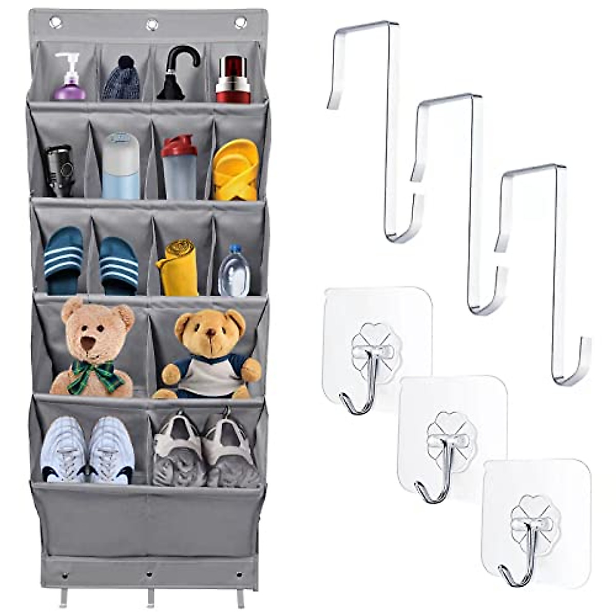 GAKKY STO Over the Door Shoe Organizer, Hanging Shoe Organizer, Storage Various Compartments with 3 Hooks Shoe Storage Rack Organizer for Shoes, Sneakers and Home Accessories, Grey 1-PACK