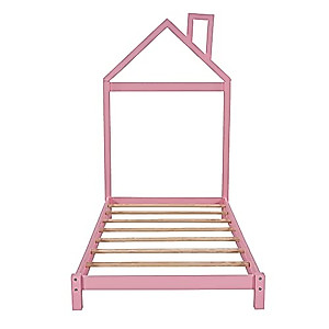 BIADNBZ Twin Size Platform Bed Frame with House-Shaped Headboard for Kids Boys Girls Bedroom, Wooden Slats Support, No Box Spring Needed, Pink