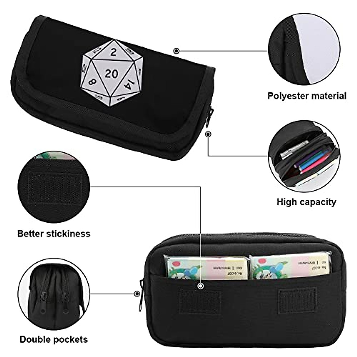 D20 Dice Pencil Case with Two Large Compartments Pocket Big Capacity Storage Pouch Pencil Bag for School Teen Adult