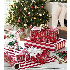 American Greetings 175 sq. ft. Reversible Red Christmas Wrapping Paper, Candy Cane Stripes and Snowflakes (1 Jumbo Roll 30 in. X 70 ft.)